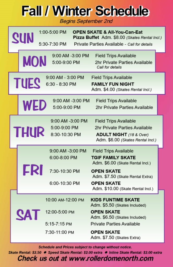 Fall/Winter Schedule Begins Sept 2nd — Roller Dome North